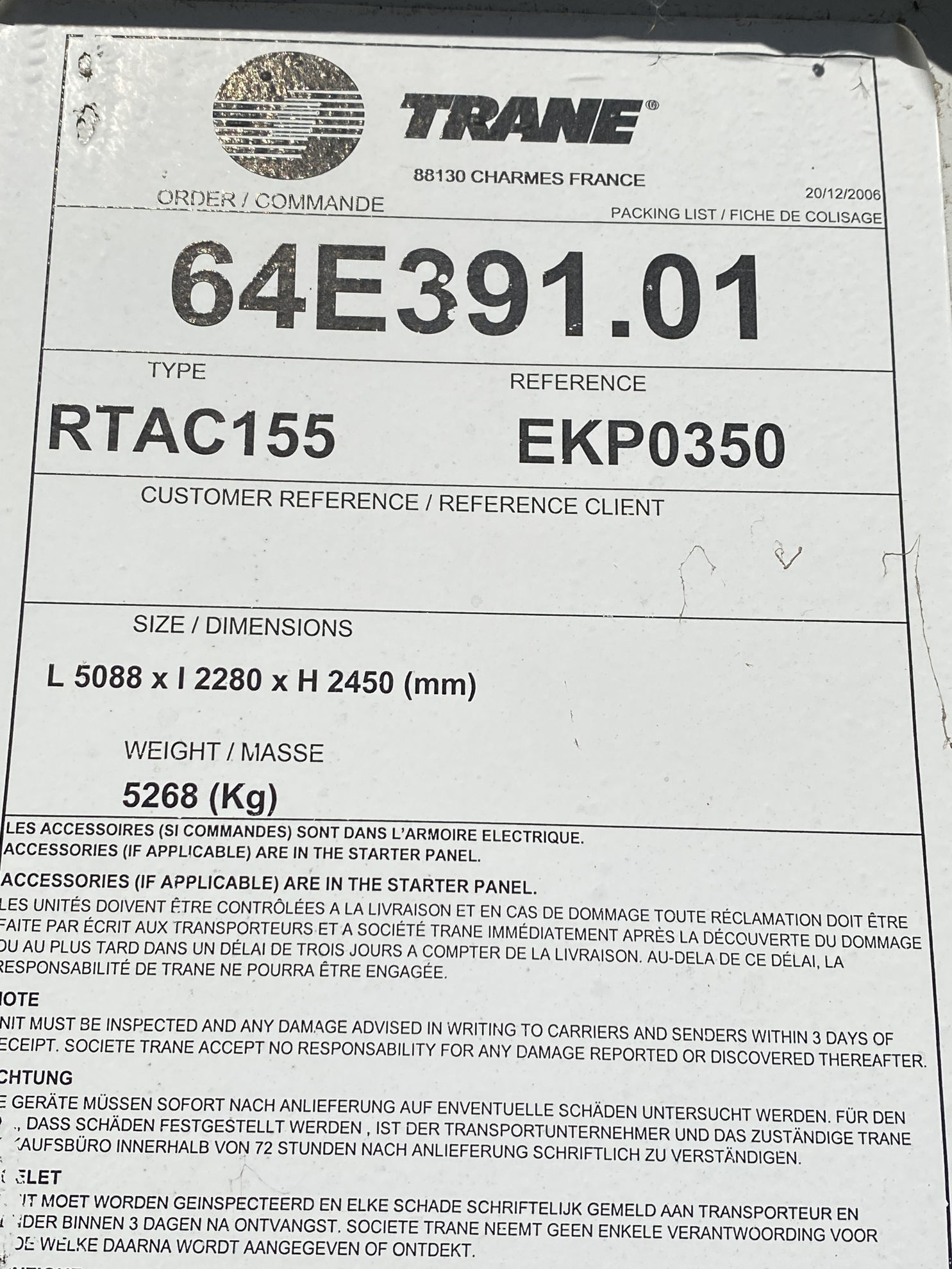 Surplus Equipments & OSMI parts TRANE RTAC 155 Air Cooled Waterchiller ...